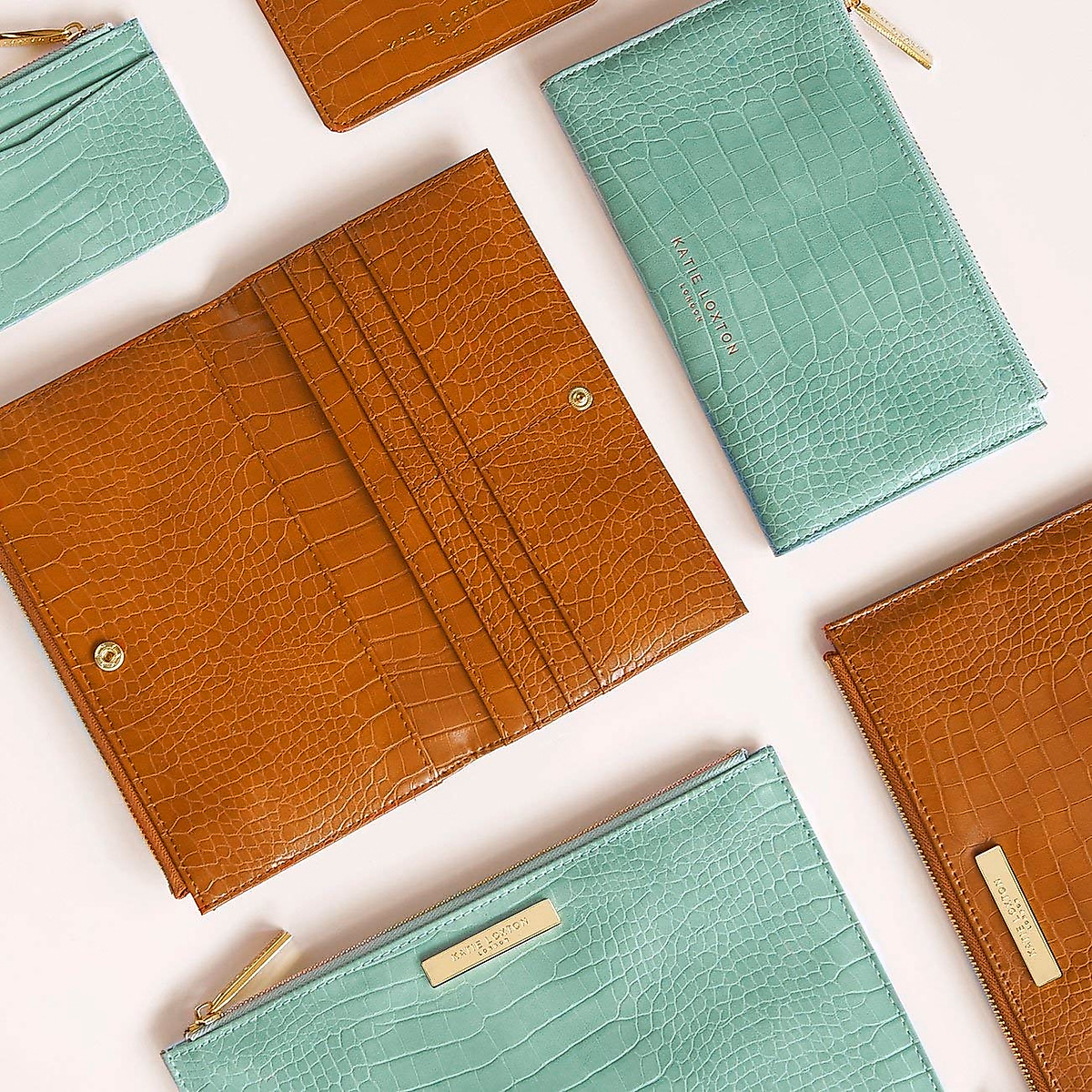 KATIE LOXTON Faux Crocodile Womens Small Vegan Leather Fold-out Purse Wallet Cognac