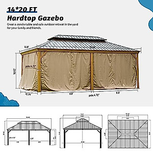 Domi Outdoor Living 14’x20’ Hardtop Gazebo, Wooden Coated Aluminum Frame Canopy with Galvanized Steel Double Roof, Outdoor Permanent Metal Pavilion with Curtains and Netting for Patio, Deck and Lawn