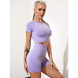 IWEMEK Yoga Outfits for Women 2 Piece Workout Sets Seamless Tummy Control Yoga Leggings Running Biker Shorts and Short Sleeve Crop Tops Athletic Gym Clothes Light Purple Large