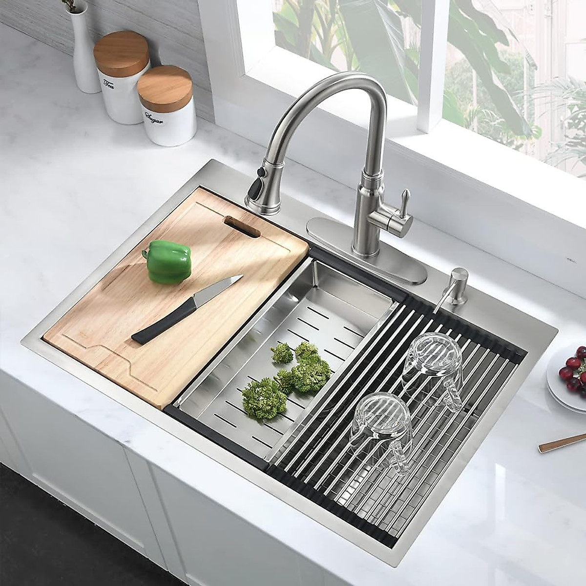 BoomHoze 33-inch Kitchen Sinks, 33x22 Drop In Kitchen Sink 304 Stainless Steel Sink Single Bowl Top Mount Workstation Kitchen Sink 16 Gauge Handmade Deep Kitchen Sink with Cutting Board