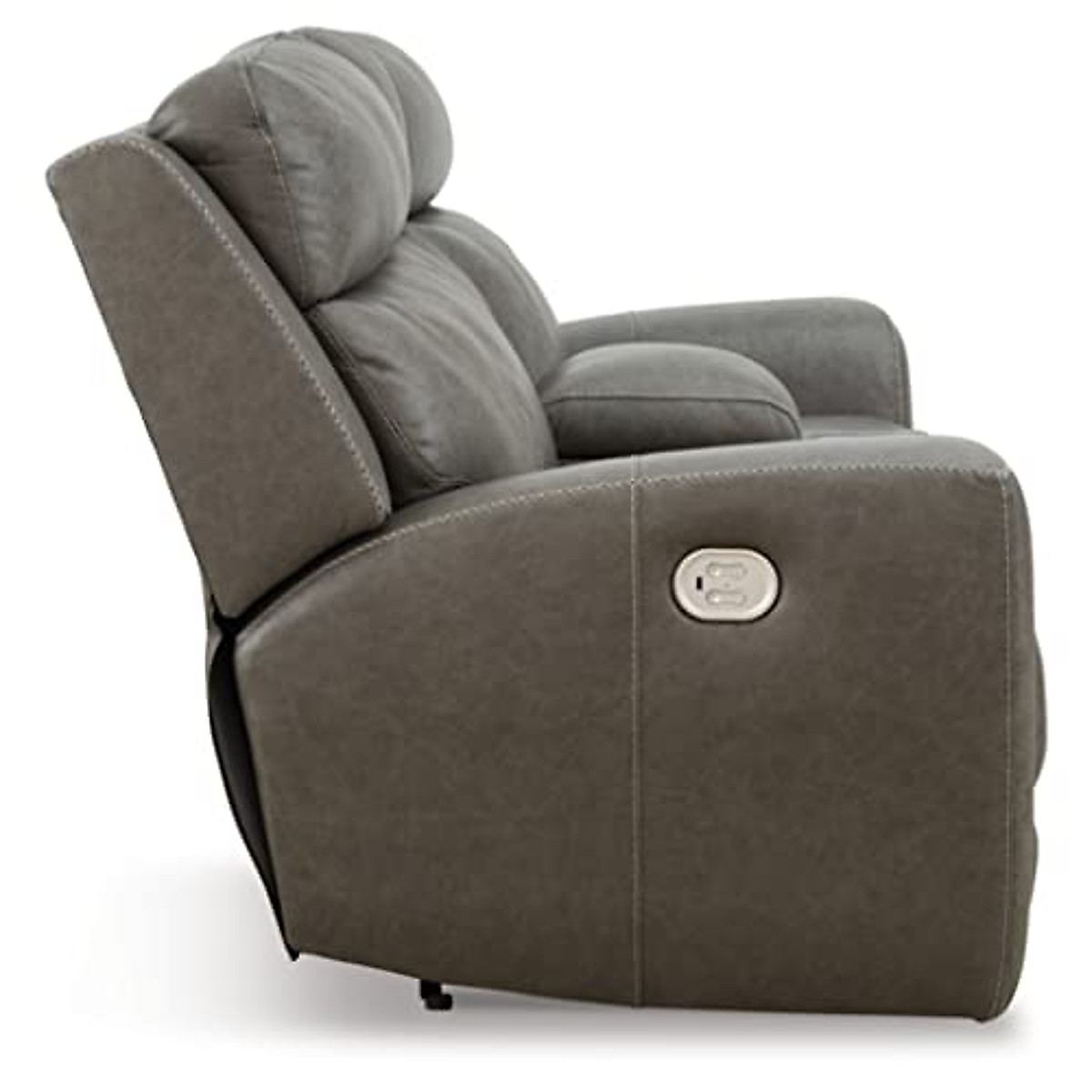 Signature Design by Ashley Roman Contemporary Tufted Leather Power Reclining Loveseat with Console and Adjustable Headrest, Gray