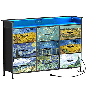 Welfuturer Dresser for Bedroom with 9 Drawers Van Gogh Dressers & Chest of Drawers Fabric Clothes Drawer Fabric Closet Organizer for Living Room Entryway Closet Nursery Sturdy Steel Frame Wood Top
