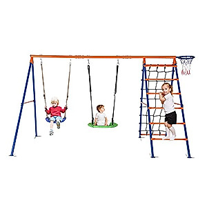 Ktaxon 5in1 Swing Set for Backyard, 550lbs Heavy-Duty Swings Set W/Saucer and Belt Swing Seat, Climbing Net & Ladder, Basketball Hoop, Playground Swing Sets with A-Frame Stand