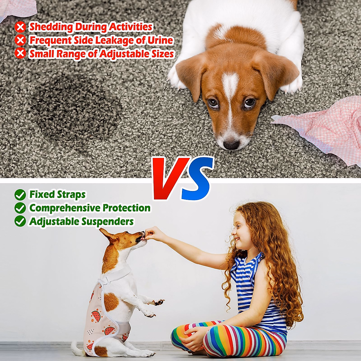 Jollywoods 3 Pack Washable Female Dog Diaper Onesie Sanitary Pantie with Adjustable Suspender, Reusable Fixed Doggie Diapers, Super Absorbent Leakproof for Small Medium Large Dog in Heat Cycle