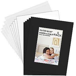 eletecpro 5 Pack Acid-Free Picture Mats Set, 8x10 Inch Core Bevel Cut Mats, Backing Boards, Clear Bags for Framing 5x7 Inch Photos, Artwork, Prints, Display and Preserve Cherished Pictures
