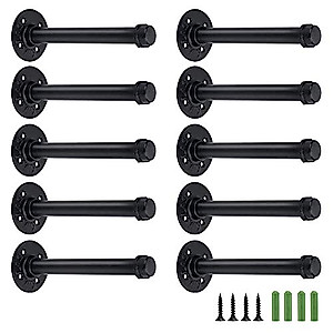 Pipe Shelf Brackets 9 inch, Industrial Floating Shelving Bracket 10 Pack, Wall Mounted DIY Hanging Rustic Pipe Brackets for Floating Shelves, Black, HOME MASTER HARDWARE