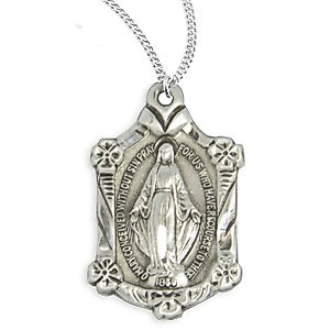 Heartland Store Women's Sterling Silver Miraculous Pendant with Flowers + 18 Inch 1.8mm Sterling Silver Chain & Clasp
