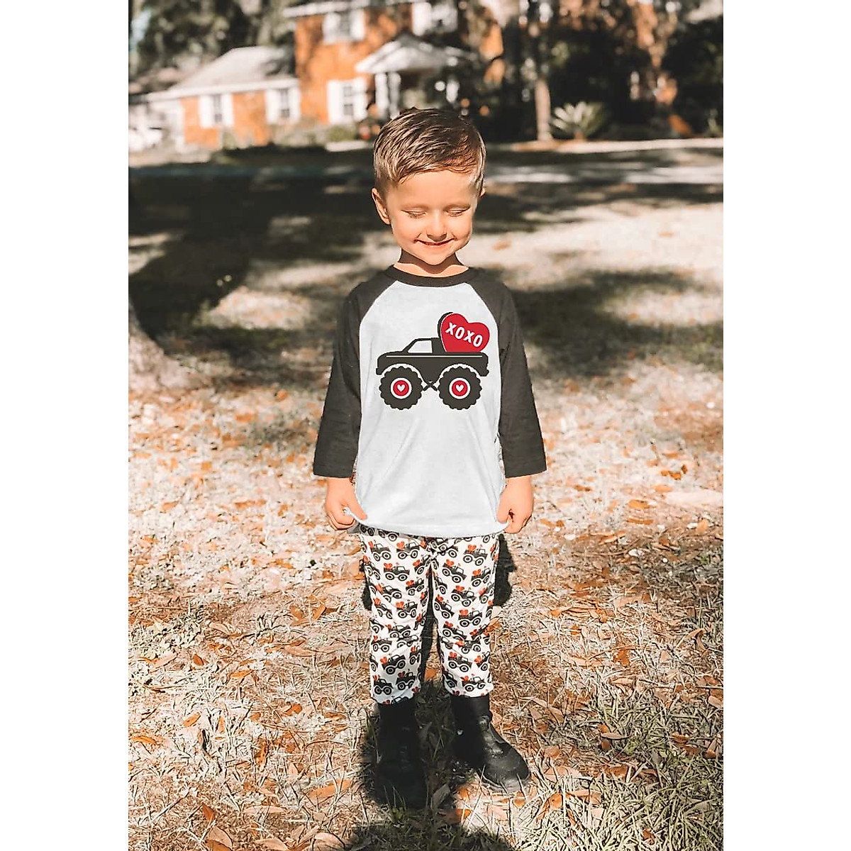 Boys Girls Valentine's Day Shirt Monster Truck Tops Toddler Kids Raglan Black Sleeve T-Shirt 6 7 Years