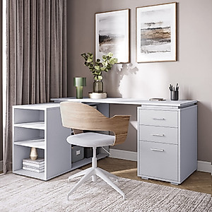 BELLEZE L Shaped Computer Desk, 60” Study Writing Table Home Office Desk Morden Corner Workstation Setup with Adjustable Storage Shelves and 3 Drawers, White