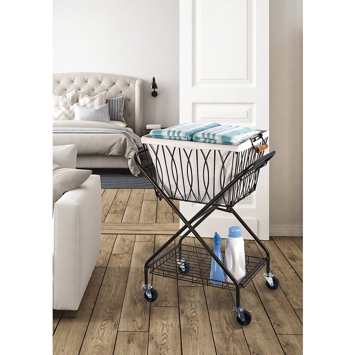 Artesa Verona Collapsible Metal Laundry Cart with Removable Basket & Canvas Bag, 20.5" L x 16.2" W x 13" H, Antique Black