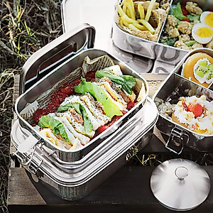 Tinaforld 1400ML Stainless Steel bento lunch box, Snacks Salad Food Container with Lock Clips, for Men Women or Adults,Eco-Friendly Dishwasher Safe, Stainless Lid Leak-Proof (Without Divider 1400ML)
