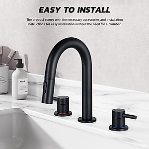 HGN Widespread Bathroom Faucet 3 Hole 8 inch Bathroom Sink Faucet with Pull Down Sprayer Pull Out Bathroom Faucet with Pop-Up Drain 2 Handle Black Bathroom Faucet