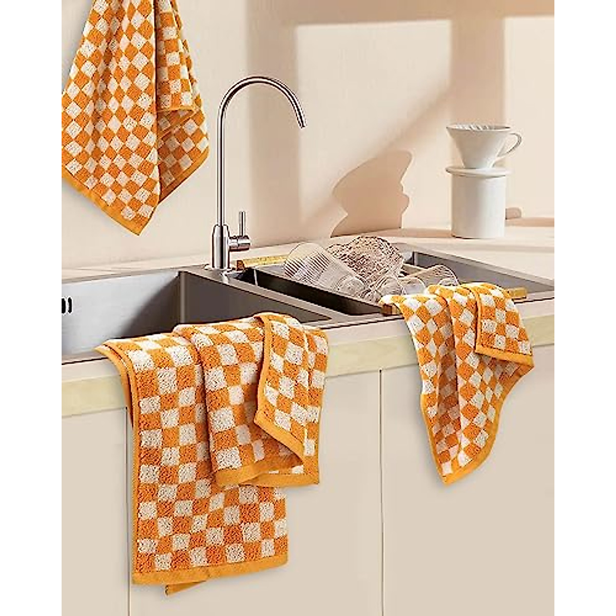 Jacquotha Checkered Hand Towels 4 Pack - Cotton Hand Towels for Kitchen Bathroom 29” x 13”, Orange