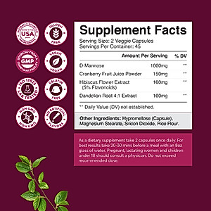 D Mannose Capsules for Urinary Tract Health - High Potency D-Mannose with Cranberry Juice Powder & Dandelion for Urinary Tract Health for Women Fast Acting Super Concentrated Cranberry - 90 Capsules