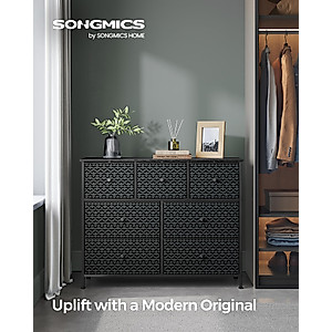 SONGMICS Dresser for Bedroom, Chest of Drawers, Closet Organizer and Storage Cabinet with 7 Fabric Drawers, Metal Frame, Ebony Black and Ink Black ULTS117B01