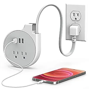 iHome Retractable Charger: Fast Charge Travel Power Strip with 3 USB Ports, 2 AC Outlets and 4 ft Manually Retractable Compact Extension Cord, White