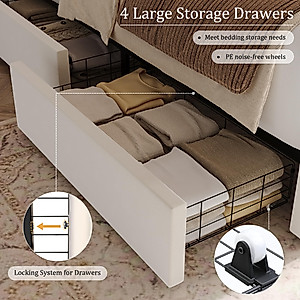 HITHOS King LED Bed Frame with 4 Storage Drawers, Modern Velvet Upholstered Platform Bed with 55" Tall Heart Shaped Headboard, Solid Wooden Slats Support, No Box Spring Needed, Metal Trim, Beige