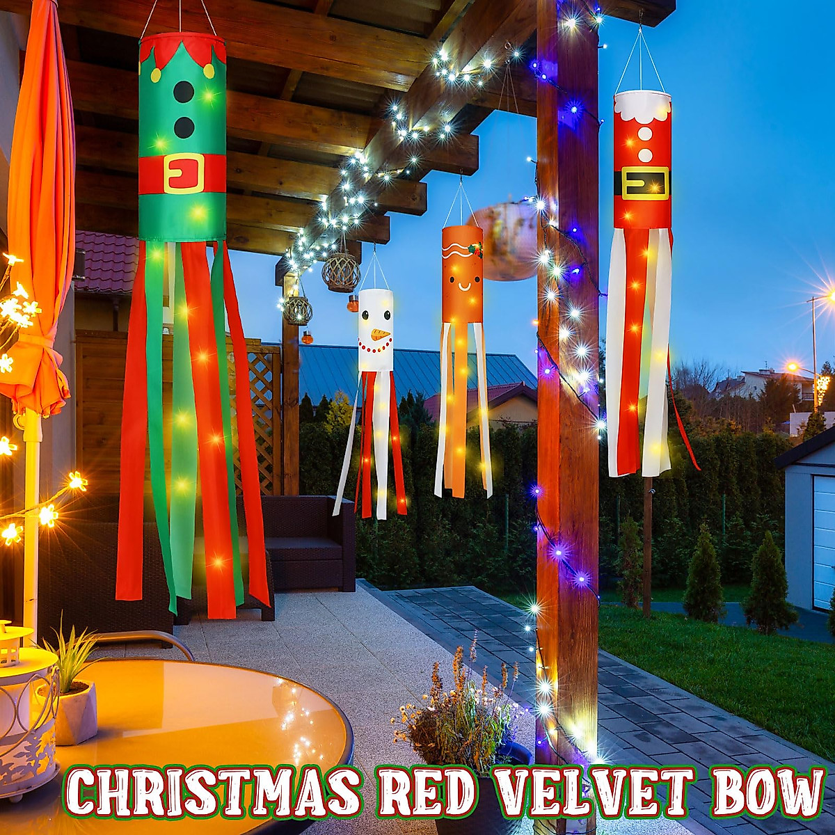 VitalCozy 4 Pcs Christmas Windsock Flags with LED Light Christmas Tree Hanging Decorations Santa Claus Gingerbread Man Elf Snowman Christmas Decorations for Lawn Yard Patio Garden Winter Party Decor