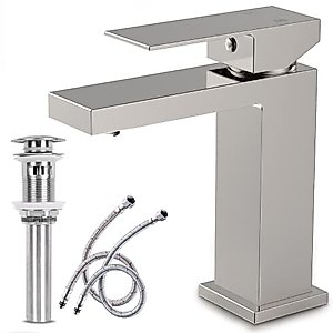 𝗩𝗼𝗻𝘃𝗮𝗻 Brushed Nickel Bathroom Faucets, Solid Brass Single Hole Bathroom Sink Faucet, Modern Bathroom Faucets for Sink 1 Hole, Lead-Free Vanity Faucet with Pop-up Drain and Water Supply Hoses
