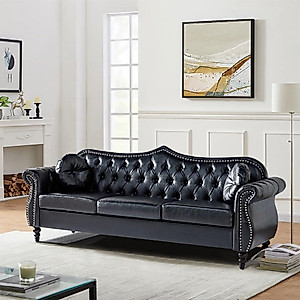 Modern PU Tufted Couch 3 Seater with Rolled Arms and Nailhead, Deep Button Nailhead Tufted Black Upholstered Couches, Roll Arm Classic Tufted Chesterfield Settee Leather Sofa for Living Room (Black)