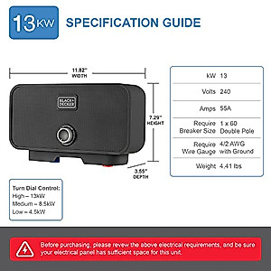 BLACK+DECKER 13kW / 240-V Tankless Electric Water Heater with Pressure Relief Device, Ideal for a Full Bathroom