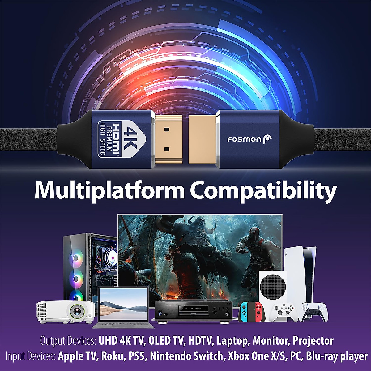 Fosmon HDMI 2.0 Cable 4K@60Hz 10ft, Premium Certified in-Wall CL3 Rated, 18Gbps Super High Speed, HDR, HDCP 2.2/1.4, 3D, ARC, 30AWG Cotton Braided Compatible with UHD TV, Monitor, Console