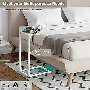 melos C Shaped End Table, Snack Side Table, C Tables for Couch, Couch Tables That Slide Under, for Living Room, Bedroom, White