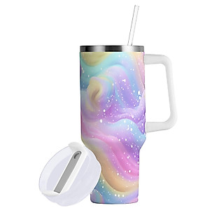 KEEPREAL 30 oz Rainbow Ice Cream Swirl Tumbler with Handle, Insulated Sports Water Bottle with Lid and Straw, Thermal Stainless Steel Travel Coffee Mug Cup #171