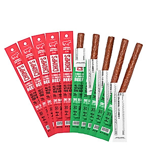 CHOMPS Grass Fed Beef Jerky Sticks, Beef Variety Pack, 10 Sticks: (5) Original Beef, (5) Jalapeno Beef…