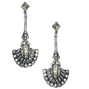 Extra Long Silver Tone Classic Art Deco Antique Vintage Retro Style Silver Tone Gatsby Fan Rhinestone Bridal Prom Wedding Earrings