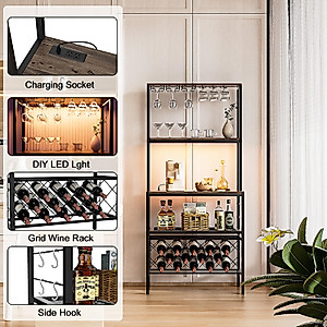 GEBAROW Wine Rack Freestanding, Metal Wine Rack, Industrial Wine Bakers Rack with LED and Sockets, Bar Cabinet with Glass Bottle Holder for Home Kitchen Dining Room, Rustic Brown