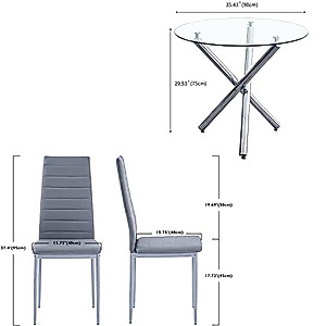 ROZHOME Dining Set for 4, Round Glass Dining Table with 3 Legs and 4 Metal Chair for Home Office Kitchen Dining Room 35.43" * 35.43" * 29.53"(L x W x H) (Glossy Silver+Light Slate Gray)