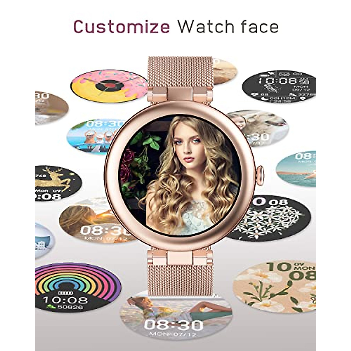 Smart Watch for Women IP68 Waterproof, Round Women's Watch for iOS Android Phones Fitness Tracker Smartwatch with Heart Rate Monitor Steps/Sleep Tracker Slim Gold (Sport & Metal Bands Included), LYNN