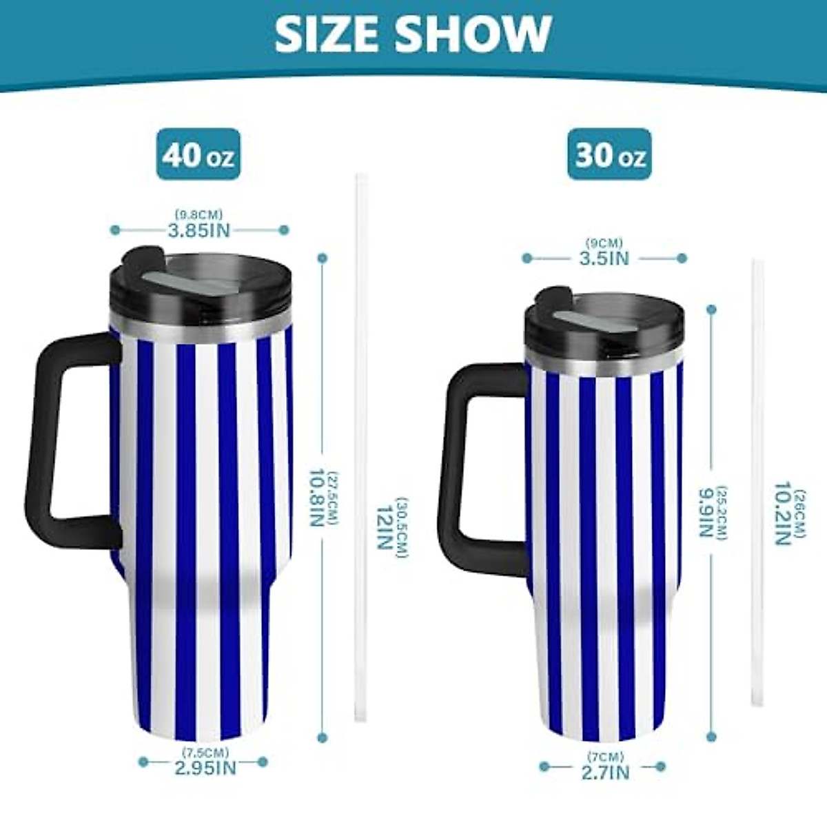Flradish 40oz Tumbler with Handle, Navy Blue White Stripes Stainless Steel Tumbler with Lid and Straws Double Wall Vacuum Insulated Leakproof Coffee Travel Mug