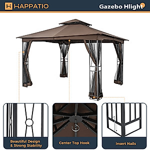 HAPPATIO 10' X 12' Patio Gazebo with Ventilation Double Roof, Outdoor Gazebo with Mosquito Netting for Lawn, Garden (Dark Brown)