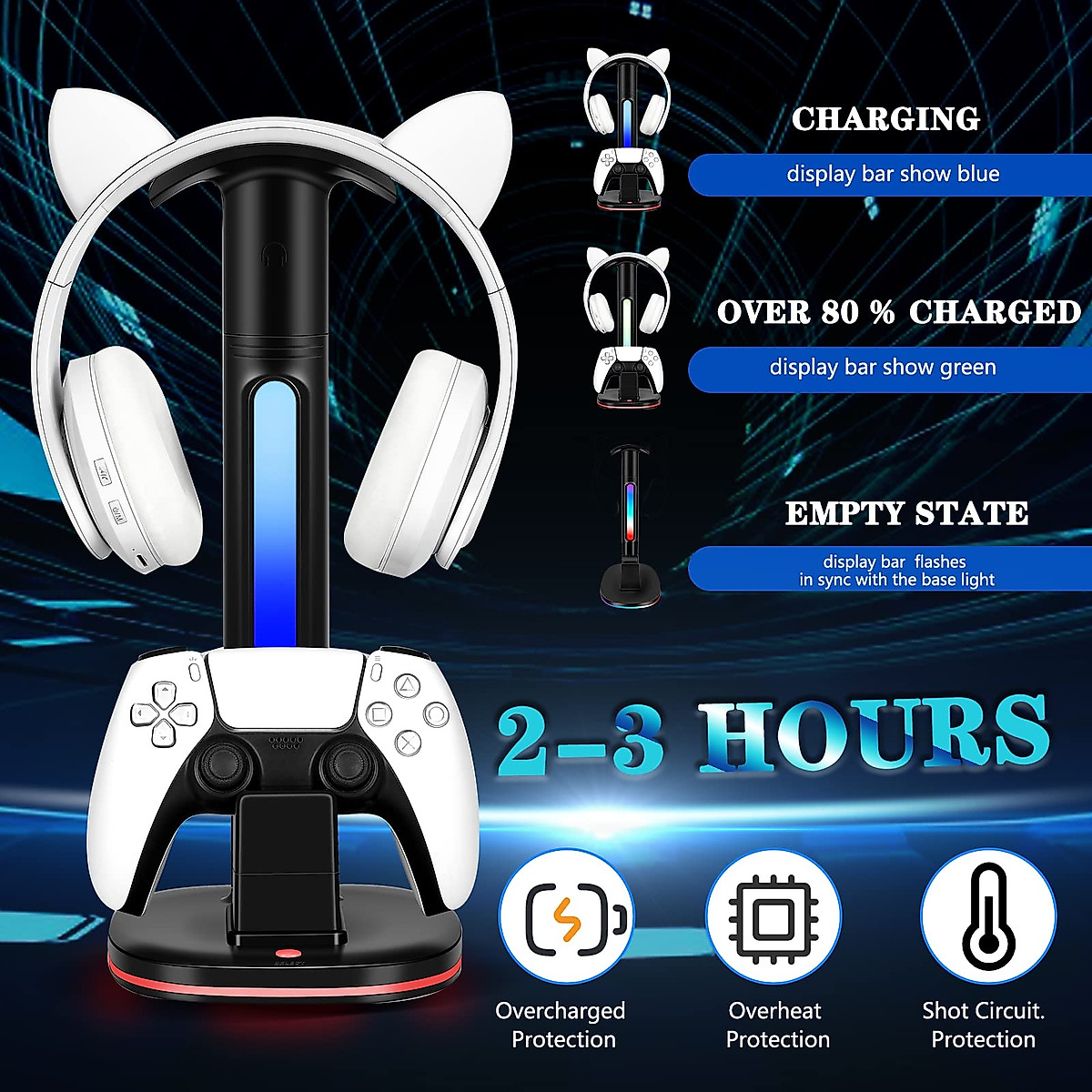 JDGPOKOO PS5 Controller Charging Station with RGB Headphone Stand, PS5 Controller Charger Holder with 2 USB Port, Headset Stand for PlayStation 5 Controller & DualSense Edge Controller Charging Dock