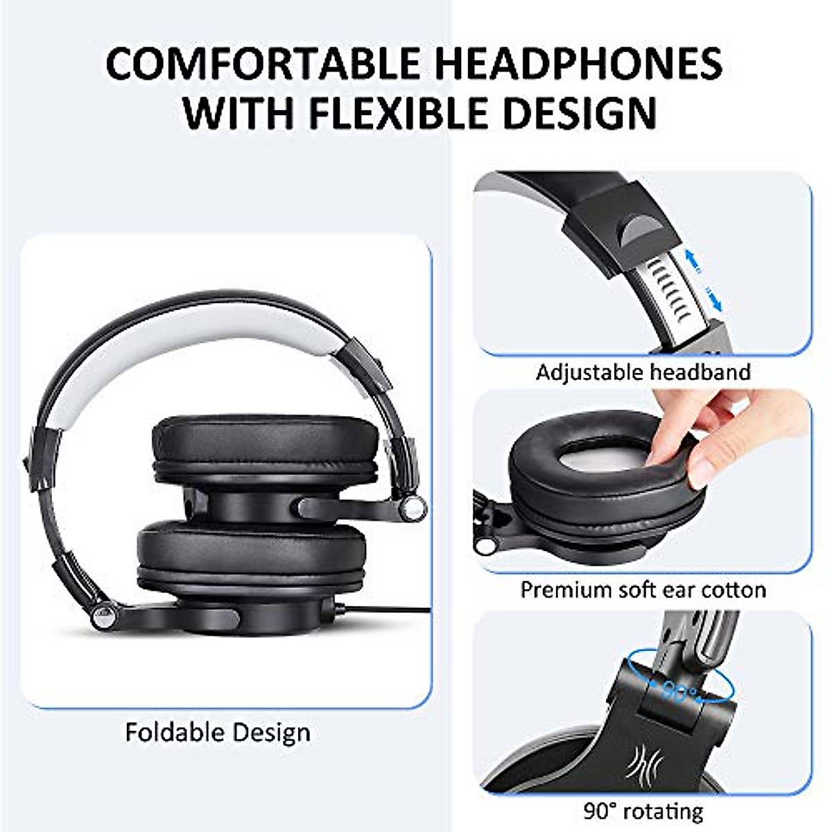 OneOdio A71 Portable Foldable Gaming Wired Over Ear Headphones with Stereo Sound and 360 Degree Boom Mic for PCs and Electronic Instruments, Black