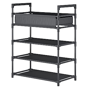Boeeoan 4-Tier Stackable Shoe Rack Plus Storage Bag, sturdy Shoe Shelf, Non-woven Fabric Shoe Shelf with Storage Organizer, Black