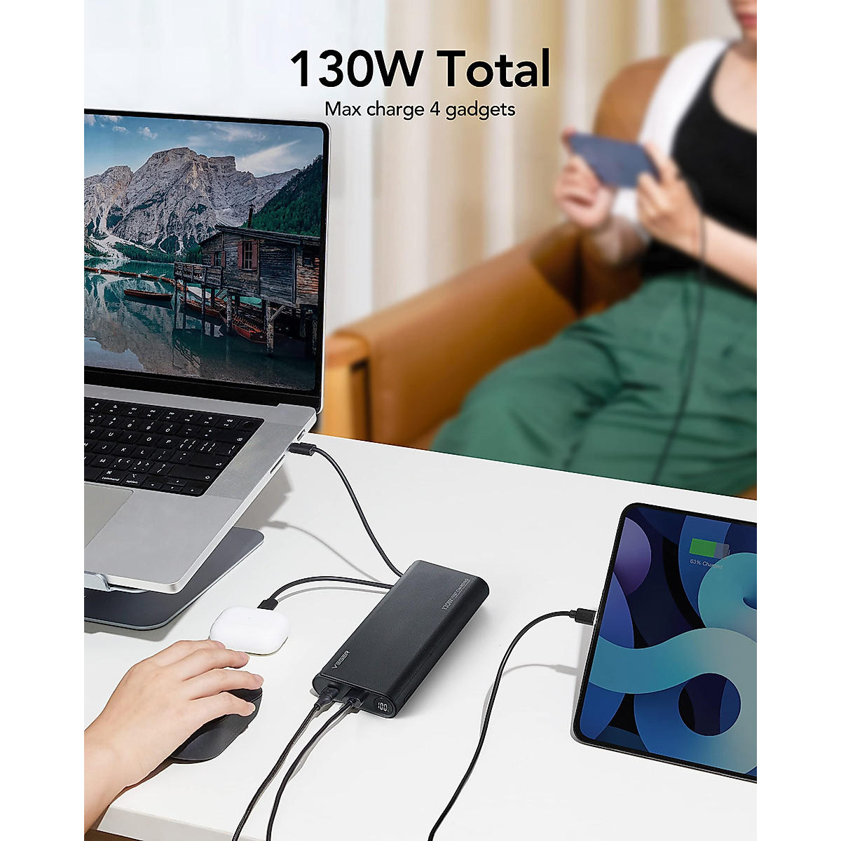 VEGER 25000mAh Portable Laptop Charger with Built-in Cables, Laptop Power Bank 100W PD/PPS Fast Charging Battery Pack (Total 130W) for MacBook Dell XPS iPad iPhone 14/13/12 Series, Samsung, More