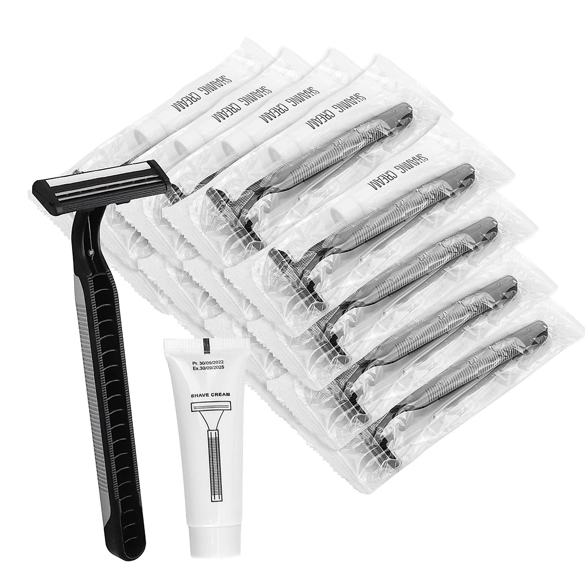 Disposable Razors in Bulk Pack of 30,Black Bulk Razors Disposable Individually Wrapped Twin Blade Disposable Shaving Razors with Shaving Cream and Clear Cap Set for Homeless,Hotel,Charity,Travel