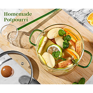 1.5L/51oz Glass Pot Glass Soup Ladle Set Glass Cooking Pot Glass Pots for Cooking on Stove Simmer Pot Oven Gas Safe (Green Handle Glass Pot, Glass Spoon)