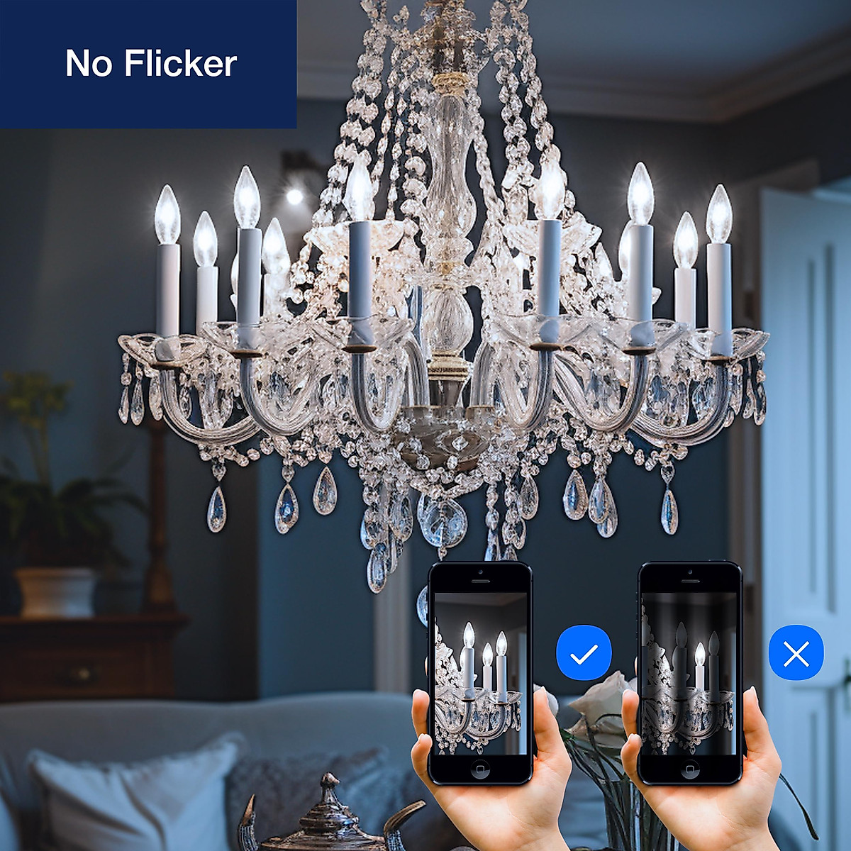 FLSNT 100W Equivalent Candelabra LED Bulbs 5000K Daylight, Dimmable LED Chandelier Light Bulbs for Dining Room, Living Room, Porch, 800LM, E12 Base, 6 Pack