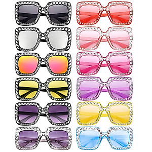 SUNOVELTIES 12 Pcs Women Sparkling Crystal Sunglasses Oversized Square Diamond Thick Frame Glasses Funky Big Cool Eyeswear