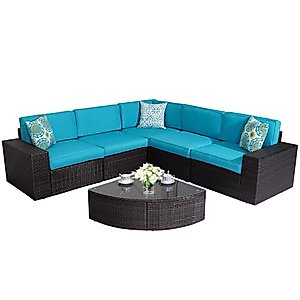 HEYNEMO Outdoor Patio Furniture Sets, 6 Pieces Outdoor Sectional Rattan Sofa, Black PE Wicker Patio Conversation Sets with Washable Cushion and Tempered Glass Table, Straight Arm, Alloy Steel Frame