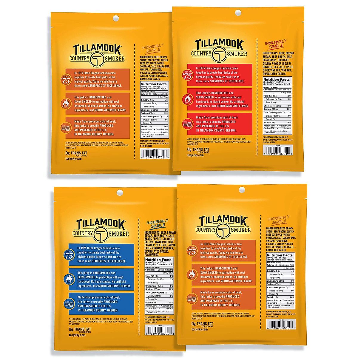 Tillamook Country Smoker Real Hardwood Smoked Beef Jerky Variety Pack, 2.5 Ounce (Pack of 4)