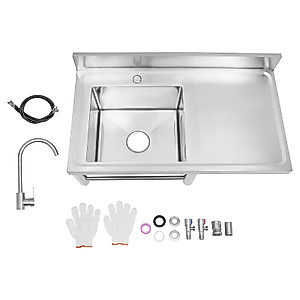 Single Bowl Kitchen Sinks, Commercial Restaurant Sink Prep Table with Faucet, 35.4" W x 21.2" D x 39.3" H Stainless Steel 1 Compartment Sink With Adjustment Feet For Restaurant, Laundry Room
