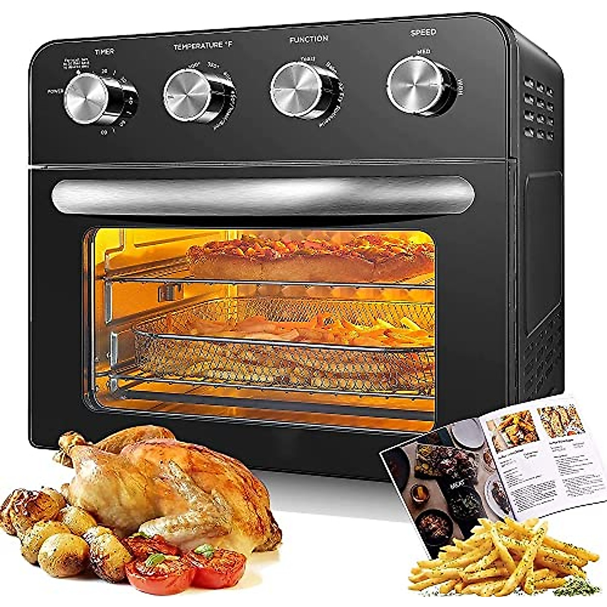 A/C 10-in-1 Air Fryer Oven, 24 QT large Convection Toaster Oven with Rotisserie and Dehydrator, 1700W Oil-free Cooking, 6 free Accessories & 75 Recipes, Black (FM-9015)