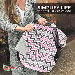 Baby Carseat Canopy Cover-Breathable Infant Car Seat Cover Helps Protect Babies-Our Baby Car Seat Covers Also Double as a Nursing Cover, High Chair Cover & Playmat-Pink & Gray Chevron with Gray Minky