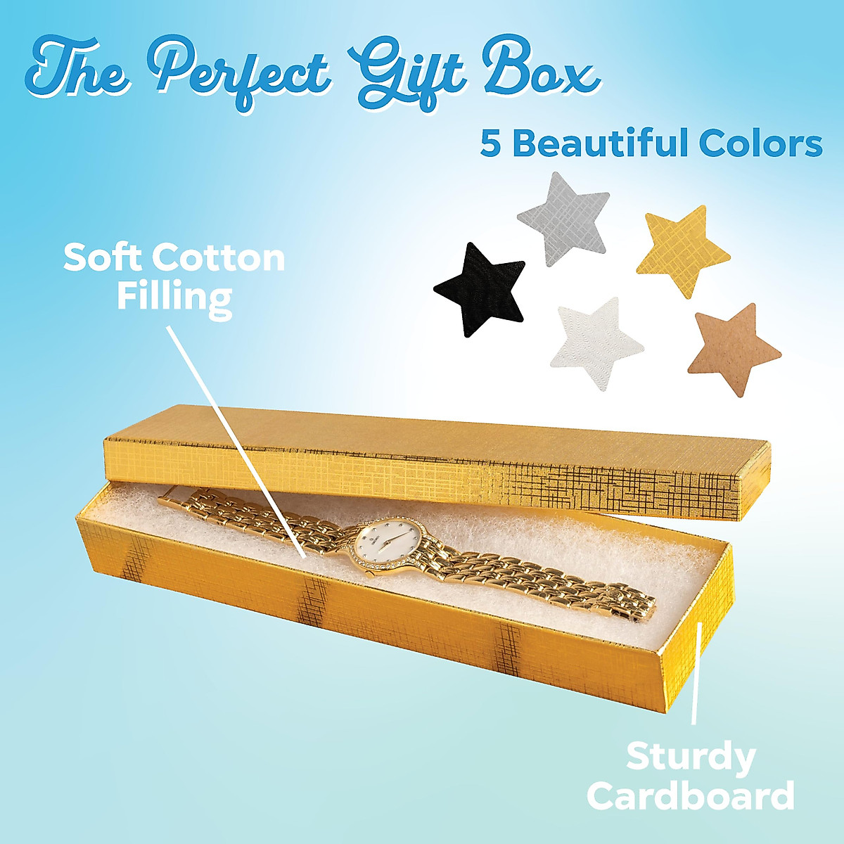 Prestige and Fancy Jewelry Gift Boxes, 20 Pack, 8 x 2 x 0.9 - Cotton Filled Cardboard Gift Box with Lids for Watches, Bracelets, Anklets, For Christmas, Party Favors, Jewelry Store (Gold)