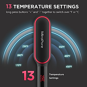 MiroPure Hair Straightener Brush, Hair Straightener Comb, 2-in-1 Ionic Straightening Brush with LCD Display, 13 Temperature Settings 30s Fast Even Heating Dual Voltage, Anti-Scald